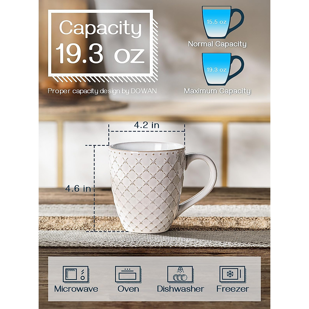 DOWAN Coffee Mugs Set of 6, 19 oz Large Mug, Ceramic Embossment Stoneware Tea Cups with Handle for Men Women, Handcrafted Mug Gift Set, Housewarming Wedding Gift