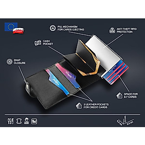 pularys VIKING Mini Wallet - Premium Leather - Black - Snap Fastener - Bank Note Pocket - RFID blocking - Up to 8 Card Slots - Comfortable and Safe - Classic