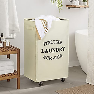 WOWLIVE Large Rolling Laundry Basket Wheels 90L Collapsible Tall Laundry Hamper Handle Foldable Dirty Clothing Basket Fold up Rectangular Hampers for Laundry Dorm Room (Beige)