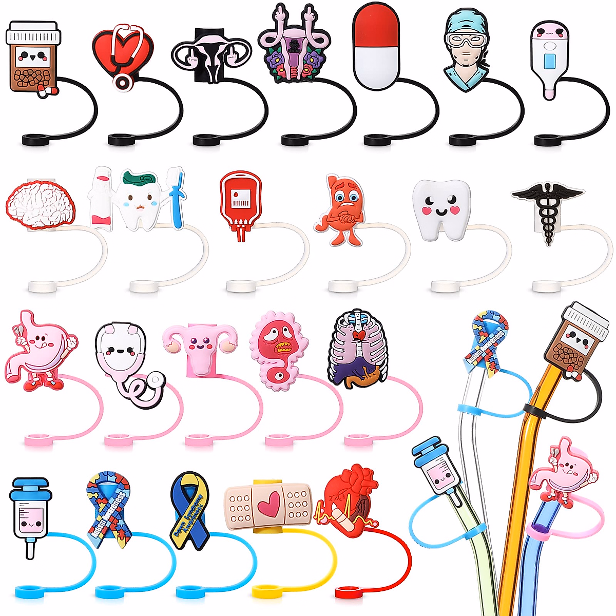 Straw Covers Silicone Kawaii Straw Cover Nurse Theme Straw Caps Reusable Drinking Dust Proof Straw Tip Covers for 6-8 mm (Stylish, 23 Pcs)