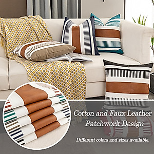 Vfuty Set of 2 Striped Boho Throw Pillow Covers 16x16 inch, Modern Leather Pillow Cover for Couch Sofa Bed, Farmhouse Decor Patchwork Accent Pillowcase, Black