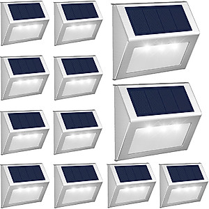 JSOT Outdoor Fence Lights,12 Pack Solar Powered Deck Lights Waterproof Stairs Light Stainless Steel Security Wall Lamps for Step Walkway Patio Garden Pathway - Cool White