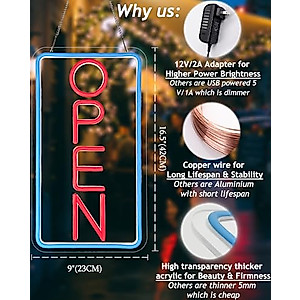 Open Signs for Business,Neon Open Sign Led,16.5"x 9",with Open/Closed Bussiness Hour Sign Set,Light for Bar Coffee Salon Store Window,12V/2A Adapter with ON/OFF Switch (Blue/Red Vertical)