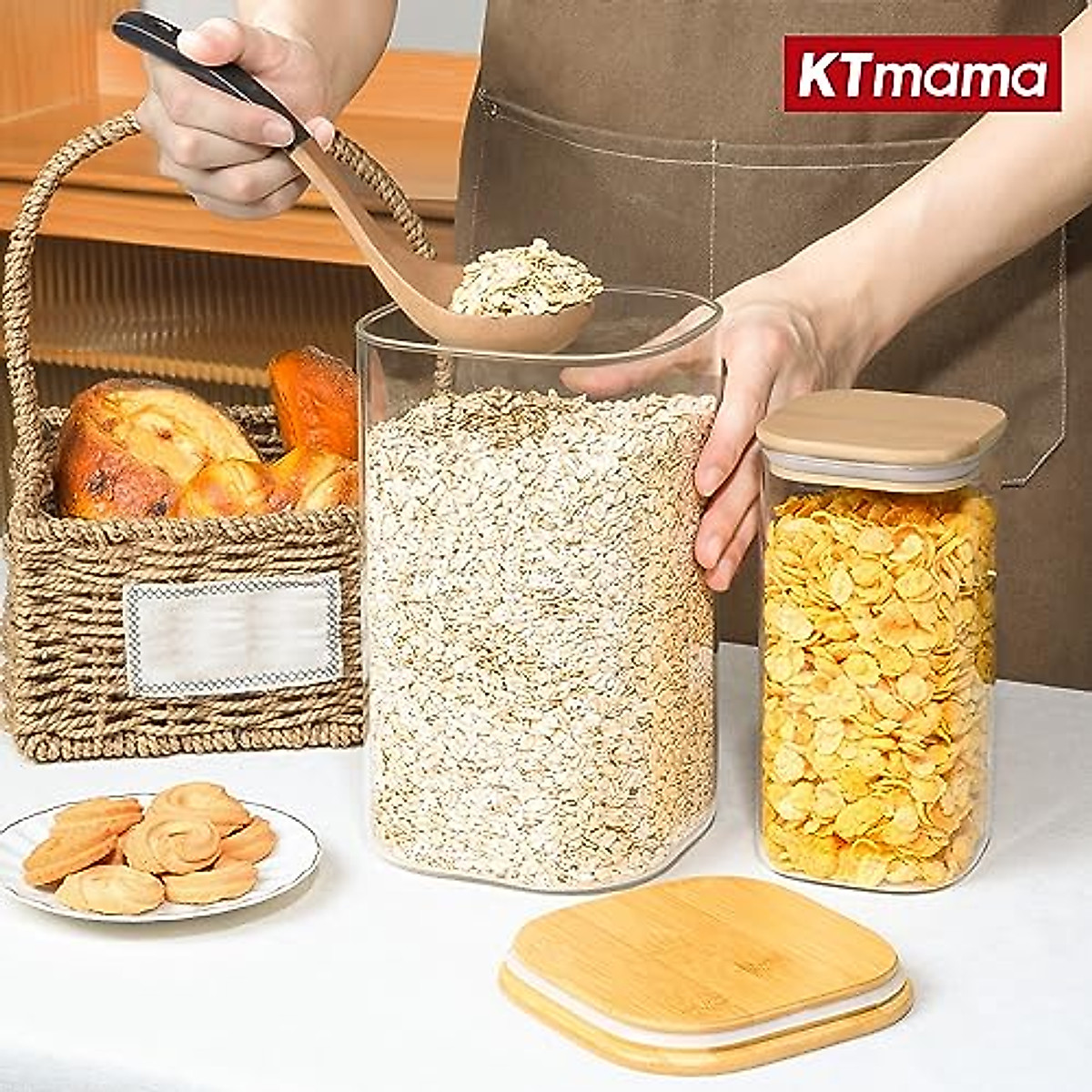 KTMAMA 1 Gallon Glass Jar with Bamboo Lid, Glass Food Storage Containers, 138 oz Cereal containers, Large Square Glass Jars with Bamboo Lids for Rice, Pasta, Oats, Grains, Cookies, Coffee Beans