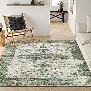 Valenrug Washable Rug 8x10 - Ultra-Thin Antique Collection Area Rug, Stain Resistant Rugs for Living Room Bedroom, Distressed Vintage Rug(TPR35-Green, 8'x10')