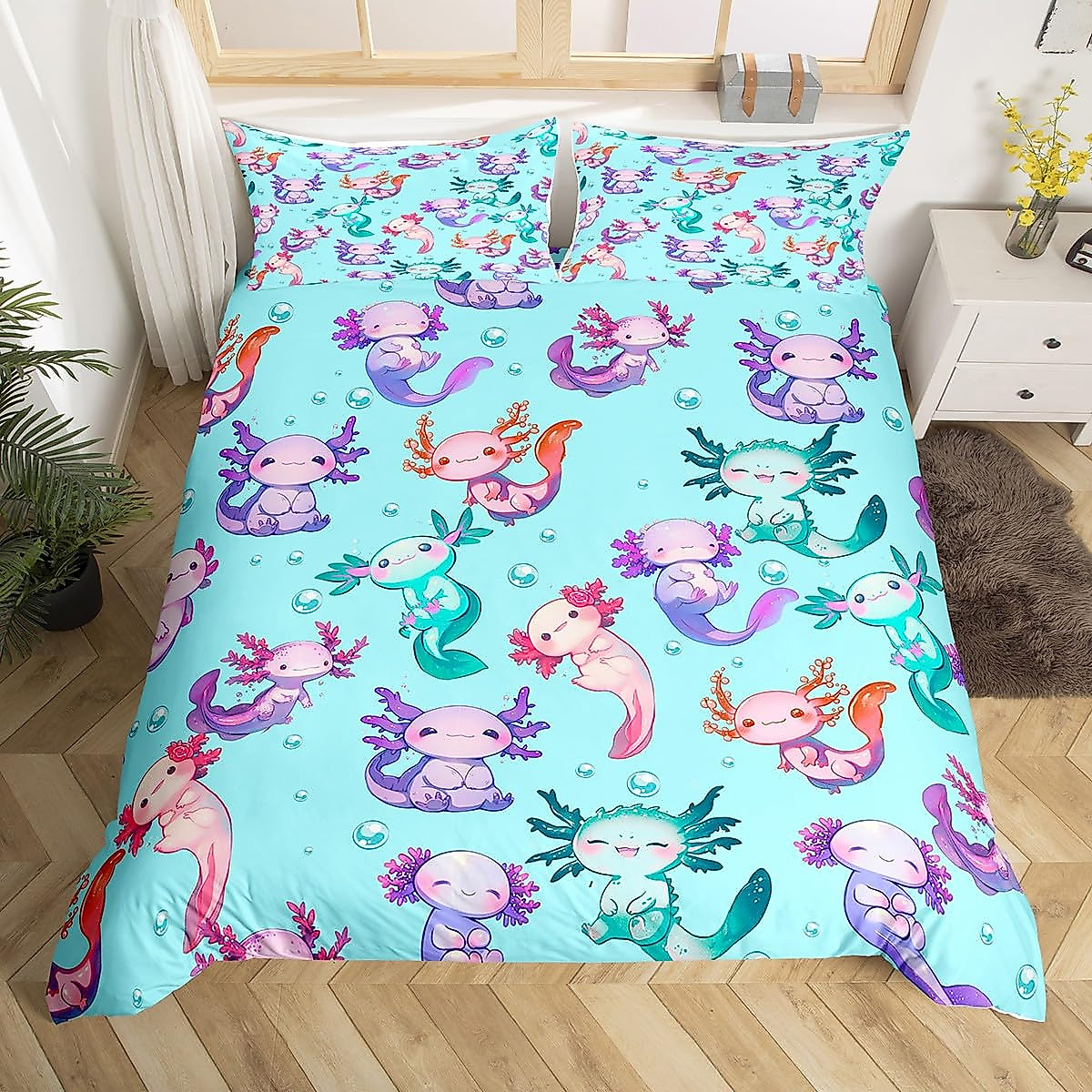 Manfei Cartoon Axolotl Bedding Set Twin Size for Bedroom Decorative,Cute Purple Blue Wildlife Animal Duvet Cover,Green Polka Dots Sea Creature Bedding Quilt Cover with 1 Pillow Cases