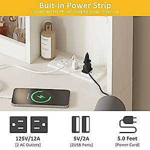 Makeup Vanity Table with Lighted Mirror & Power Strip, Large Vanity Set Vanity Desk with Lots Storage, 3 Lighting Modes, Brightness Adjustable, 45.2in(L)