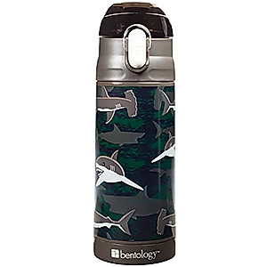 Bentology Stainless Steel 13 oz Shark Insulated Water Bottle for Boys - Easy to Use for Kids - Reusable Spill Proof BPA-Free, Fits in Most Lunch Boxes & Bags, Use for Summer Camp, Back to School