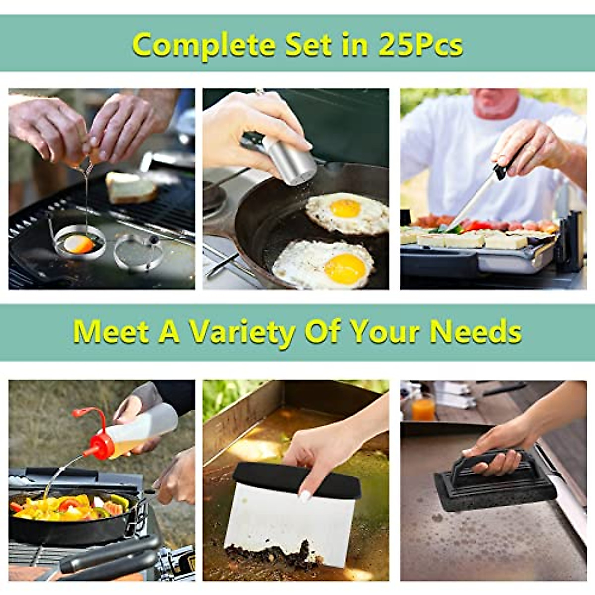 HaSteeL 25Pcs Griddle Accessories Kit, Stainless Steel Teppanyak Tools Set with Metal Spatulas, Melting Domes, Burger Press, Great for Flat Top Cooking Camping Outdoor BBQ, Heavy Duty & Easy to Clean
