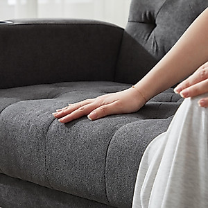 TYBOATLE 62" W Loveseat Sofa w/ 2 USB Charger Ports and 2 Cupholders, Mid-Century Modern Tufted Linen Fabric Small Love Seat Couches for Compact Living Room, Bedroom, Apartment, Dorm (1, Dark Grey)