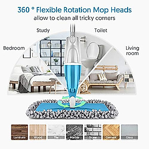 Microfiber Spray Floor Mops for Floors Cleaning, POPTEN 360 Degree Cleaning Kitchen Mop with 640ML Refillable Bottle,3 Washable Mop Pads and 1 Scraper Dust Mop Wet Mop for Laminate,Hardwood,Ceramic