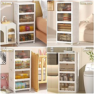 4 Tier Plastic Storage Bins with Lid 23QT, Stackable Storage Containers with Wheels, Folding Storage Boxes, Collapsible Storage Bins, Closet Organizers and Storage for Living Room,Office,Dorm