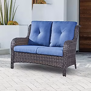 Patio Loveseat Wicker Outdoor Couch - 2-Seater Rattan Patio Sofa with Deep Seating and Comfortable Cushions for Outside Porch Deck Poolside Balcony(Brown Wicker/Blue Cushion)
