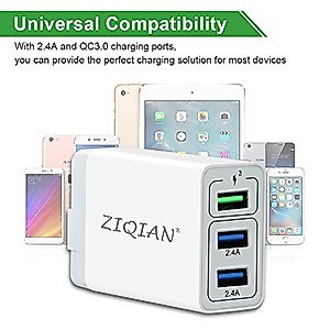 Wall Charger Fast Adapter,QC 3.0 USB Fast Wall Charger 3 Ports Tablet iPad Phone Fast Charger Adapter Quick Charge 3.0 Travel Plug Compatible Samsung, HTC, iPhone More 1 Pack White
