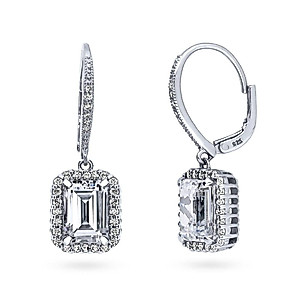 BERRICLE Sterling Silver Halo Emerald Cut Cubic Zirconia CZ Anniversary Leverback Dangle Drop Earrings for Women, Rhodium Plated