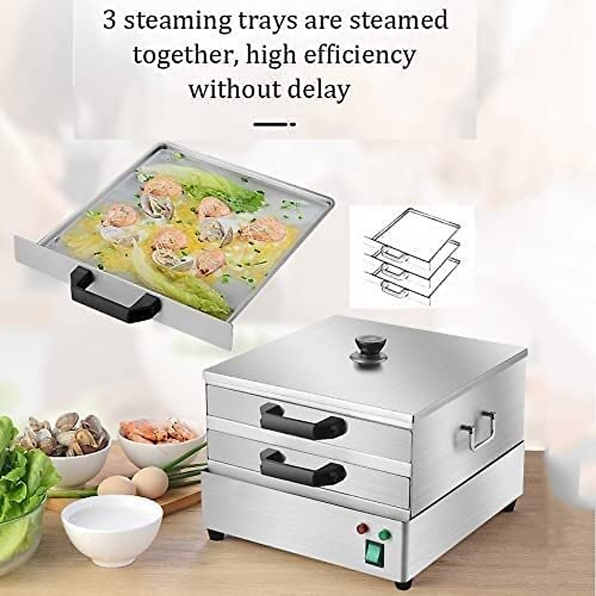DAREV Electric Cantonese Rice Noodle Rolls Machine, 2 Layer Stainless Steel Steamed Vermicelli Roll Steamer with 3 Steameing Tray