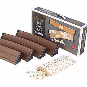 LaModaHome Premium Curved Rummy, Okey, 101 Game Set, Portable Bag, Unscratchable Tiles and Racks, Outdoor and Indoor Game for Family & Friends, Classic Travel Tabletop Fun - Brown