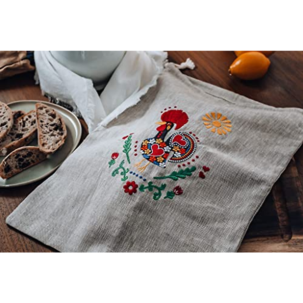 Artisan Linen Bread Bags, Embroidered Set of 2 Large Reusable Bread Bags for Homemade Bread with Drawstring - Gifts for Bakers - Rooster Gifts for Women