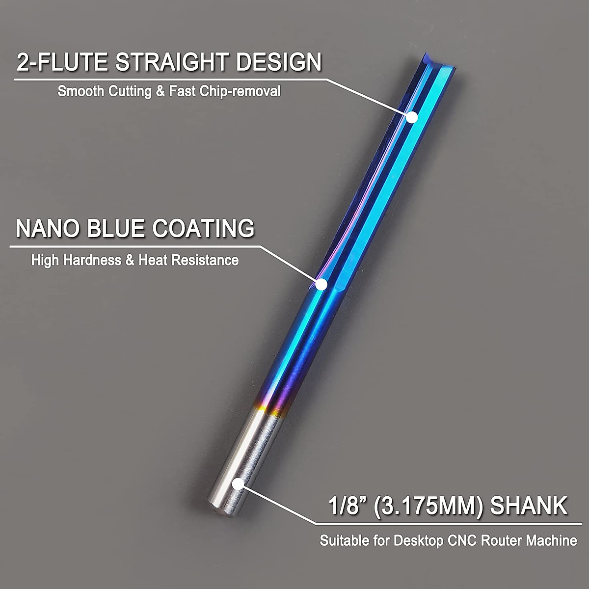 AnoleX CNC Router Bit Kits, 1/8” Shank Straight CNC Bits Nano Blue Coating Carbide Engraving Tool End Milling Cutter| 1/1.5/2/2.5/3.175mm, 10PCS