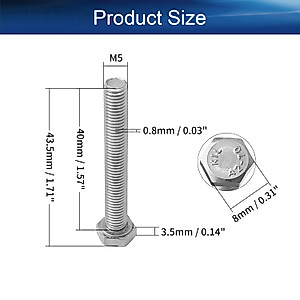 Yinpecly M5 Thread 40mm 304 Stainless Steel Hex Screw Bolts Fastener 10pcs