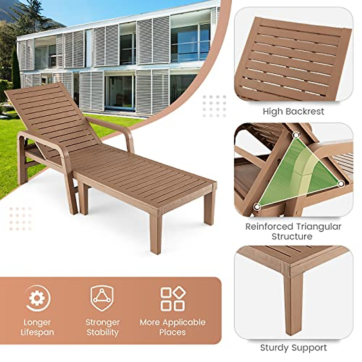 Tangkula Chaise Lounge Chair for Outside, Waterproof PP Patio Lounger with 4-Level Adjustable Backrest and Wood Texture Surface, Outdoor Recliner Chair with Armrests for Poolside Backyard (1, Natural)