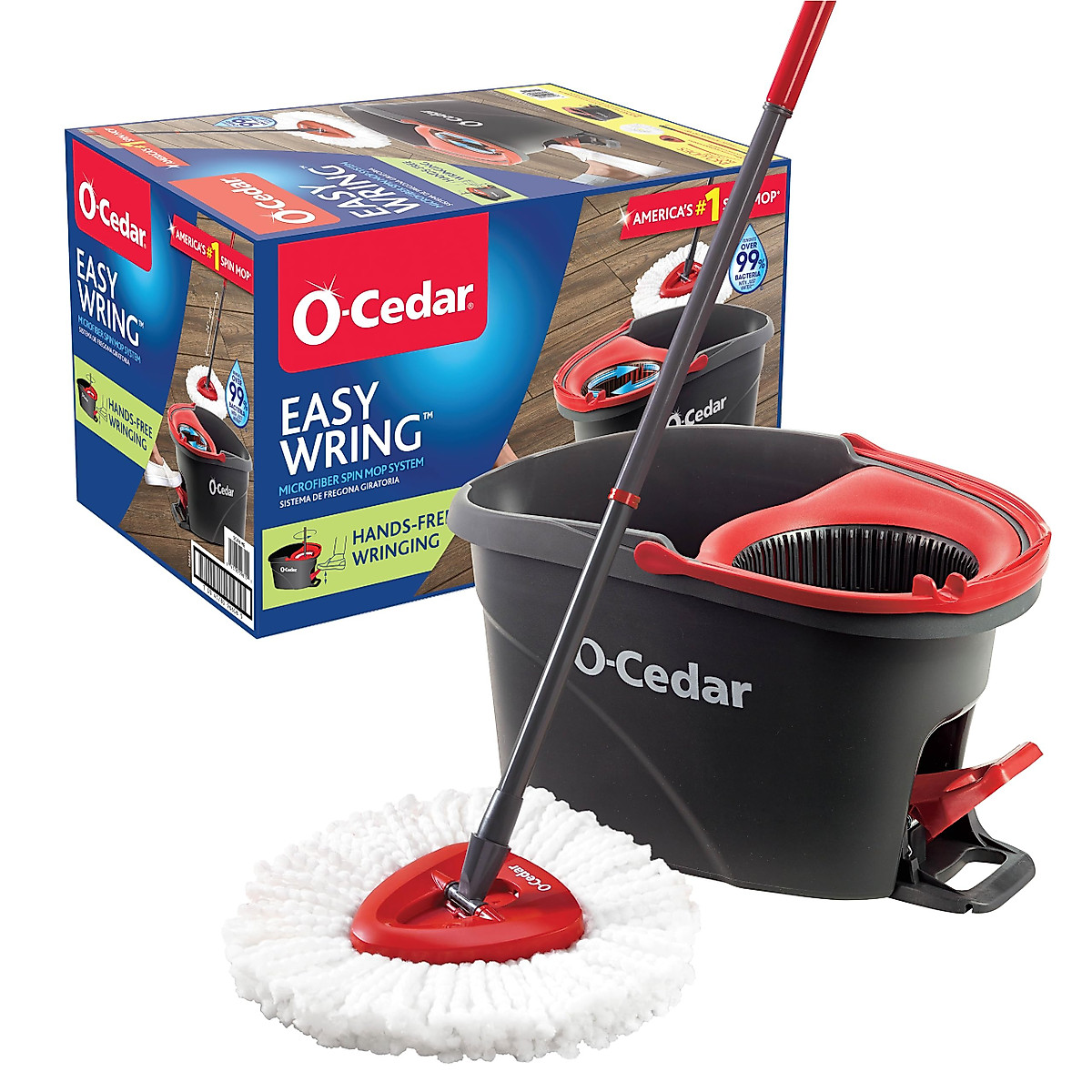 O-Cedar EasyWring Microfiber Spin Mop, Bucket Floor Cleaning System, Red, Gray