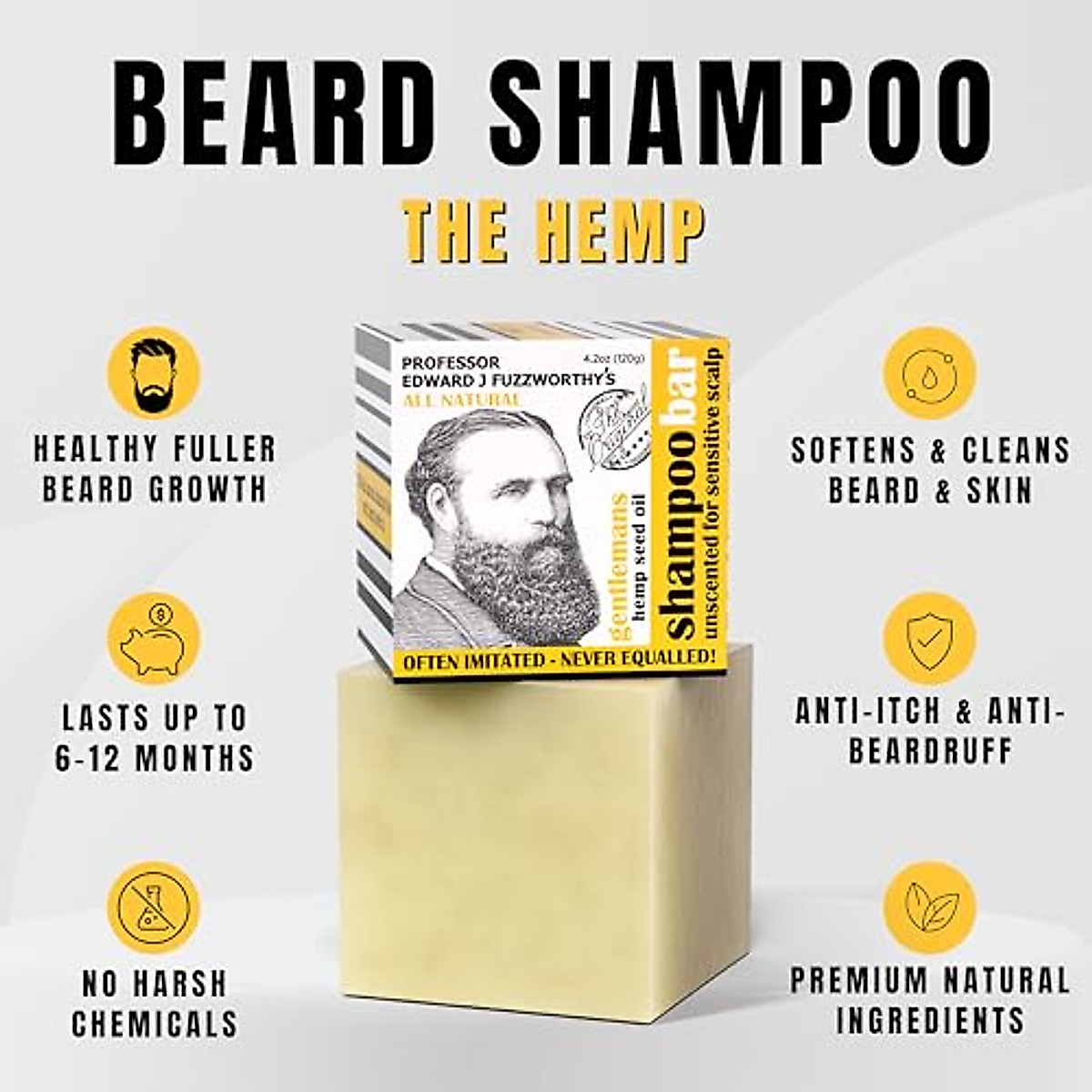 Professor Fuzzworthy's Beard & Hair Hemp Shampoo Bar - Unscented for Sensitive Skin - Normal Dry Oily Hair 4.2oz