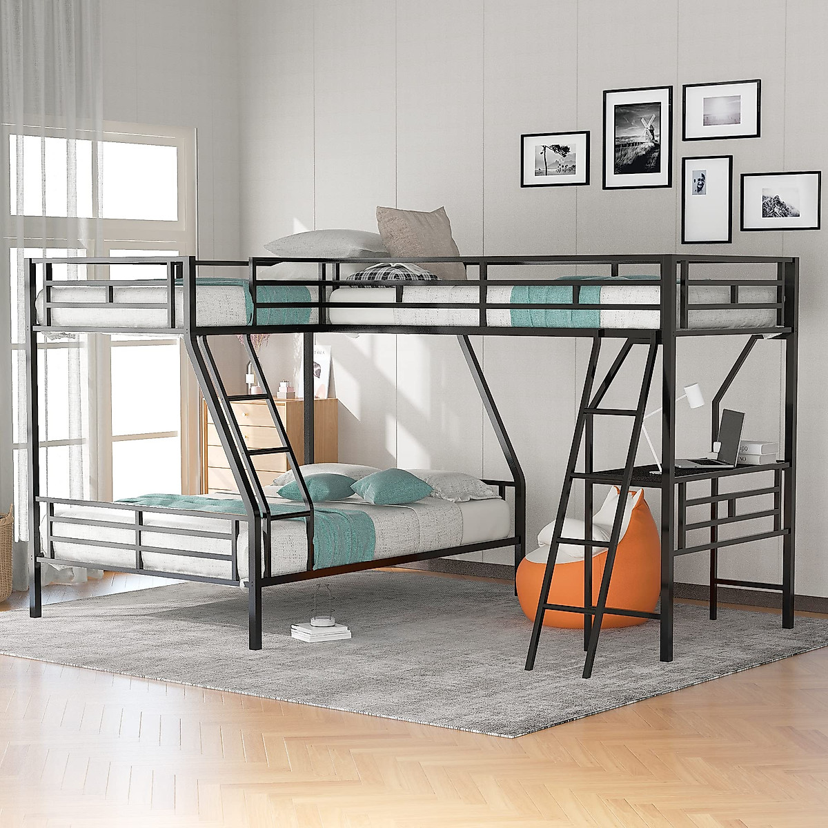 SZUBEE Twin-Over-Full Metal L-Shaped Triple Bunk Bed with a Twin Size Loft Bed & Desk, Space Saving Bedroom Furniture for Kids Teens, Black