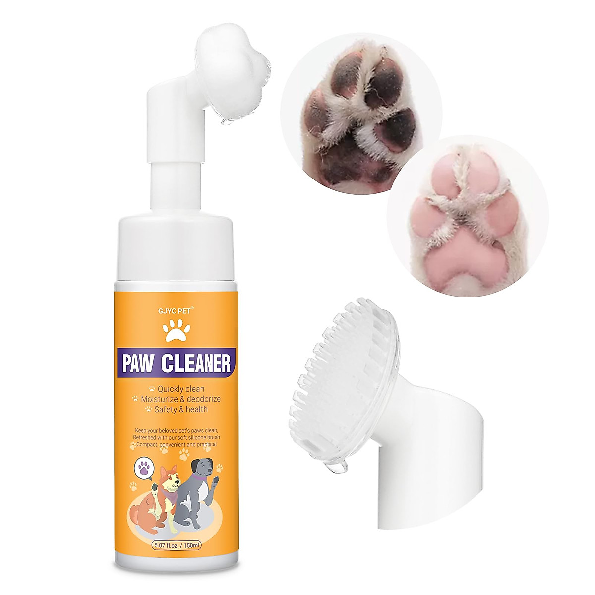 GJYC PET Paw Cleaner for Dogs and Cats,Magic Foam - Clean Paws No-Rinse Foaming Cleanser-Dry Shampoo, Foot Cleaner Brush - with Rose Extract, Odor Control Wash - Good for Puppy