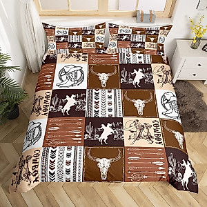 Western Cowboy Kids Duvet Cover Set Queen Size, Bull Skull Horse Arrow Print Quilt Cover with 2 Pillowcases, American West Brown Lattice Patchwork Bedding Cover for Boys Teens Room Decor, No Filler