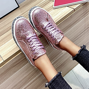 Women's Glitter Sneakers ENVEZ Shiny Lace-up Low Top Fashion Sneaker Bling Non Slip Flats Shoes Ladies Casual Tennis Shoes Outdoor Comfortable Running Walking Shoes A-Pink