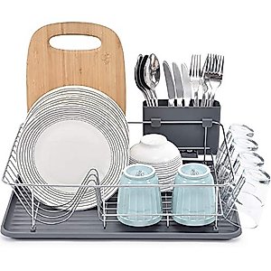 TOOLF Dish Rack, Large Capacity, Dish Drying Rack with Cutlery Holder, Removable Drip Tray, Cup Holder, Compact Kitchen Drainers for Countertop, Grey