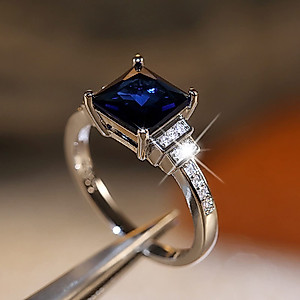 Elegant Women Squar Saphire Engagement Ring CZ Simulated Diamond Bridal Wedding Band Anniversary Rings Jewelry (Dark Blue, 6)