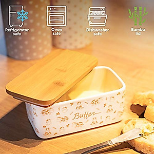 Lumicook Ceramic Butter Dish with Wooden Lid, Large Butter Container Keeper Storage with Stainless Steel Butter Knife Spreader, Bamboo Cover, butter holder easily fits 2 sticks of butter