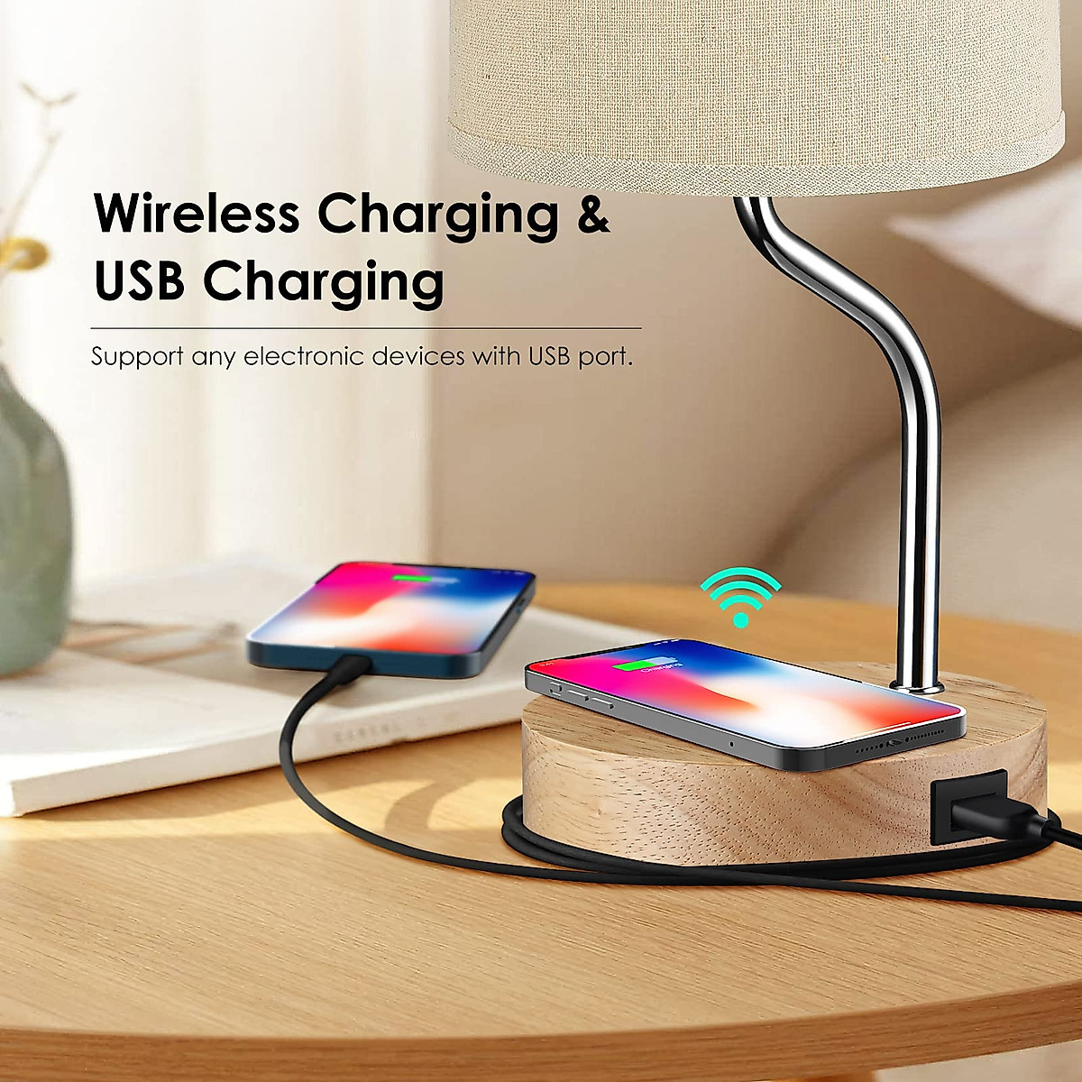 Bedside Table Lamp with Wireless Charger & USB Port - Touch Control LED Desk Lamp for Bedroom, 3-Way Dimmable Wooden Nightstand Lamp with Fabric Shade for Living Room, Kid's Room, Dorm, or Office