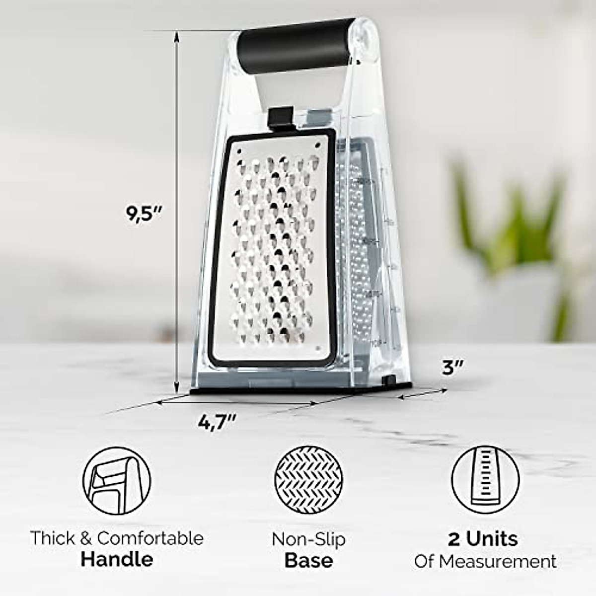 Joined Cheese Grater with Container - Box Grater Cheese Shredder Lemon Zester - Cheese Grater with Handle - Graters for Kitchen Stainless Steel Food Grater - Garlic Mincer Tool and Vegetable Peeler