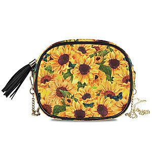 ALAZA Women's Vintage Sunflower with Butterfly Cross Body Bag Chain Shoulder Handbag Purse with Tassel