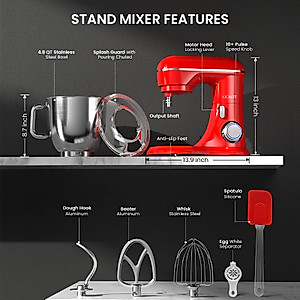 Stand Mixer, KICHOT 10+P Speed 4.8 Qt. Household Stand Mixers, Tilt-Head Cake Mixer Machine with Dough Hook, Beater, Wire Whisk & Splash Guard Attachments for Baking, Cake, Cookie, Kneading, RED