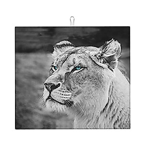 Lioness with Blue Green Eyes Printed Drying Mat For Kitchen Ultra Absorbent Microfiber Dishes Drainer Mats Non-Slip Silicone Quick Dry Pad - 18 X 16inch