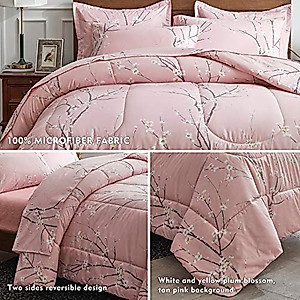 AIKASY Bed in a Bag 6 Pieces Twin Size - Floral Print - Soft Microfiber, Reversible Bed Comforter Set (1 Comforter, 2 Pillow Shams, 1 Flat Sheet, 1 Fitted Sheet, 1 Pillowcases)（Pink, Twin）