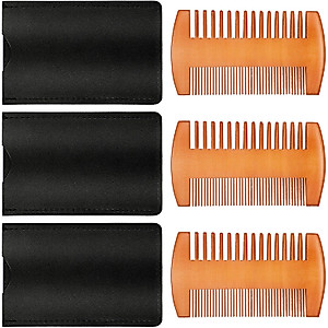 3 Pieces Beard Comb Natural Sandalwood Wooden Mustaches Combs Dual Action Teeth Beard Comb with 3 Pieces Pocket Faux Leather Case for Beards Mustaches (Yellow)