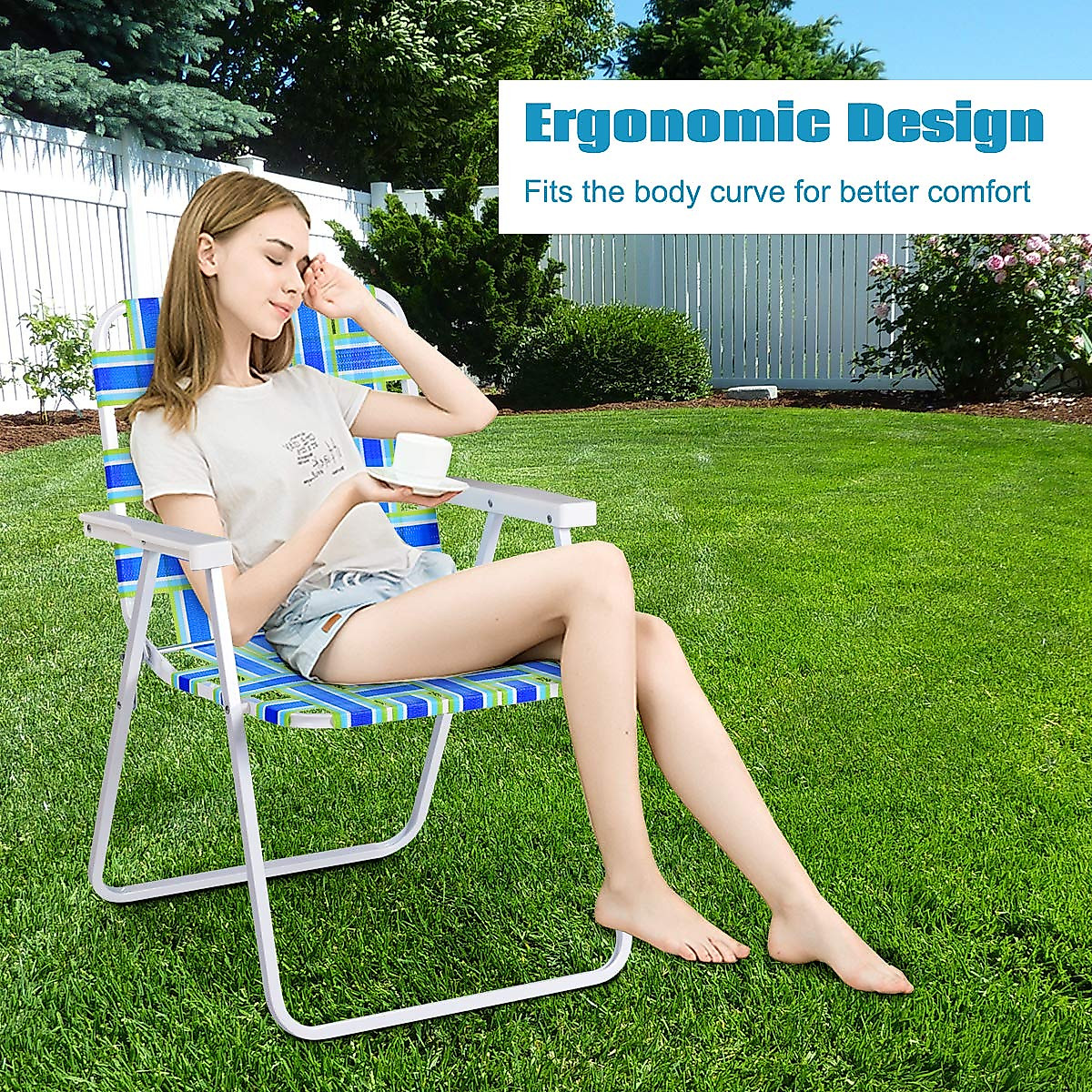 ARLIME 6 PCS Folding Lawn Chairs Set, Portable Outdoor Patio Chairs w/Stable Metal Frame & Armrests, Webbed Folding Beach Chairs Set for Lawn Patio Garden Backyard (Blue)