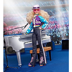 Barbie Elton John Collector Doll (12-inch, Curly Blonde Hair) in Bomber Jacket and Flared Denim, with Doll Stand and Certificate of Authenticity