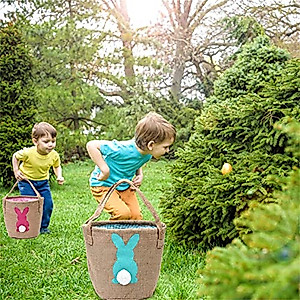 Easter Bunny Basket Burlap Buckets with Two Handles Egg Hunt Buckets with Fluffy Tail for Kids Easter Tote Bags for Storage Eggs Candies and Gifts(Yama Blue)