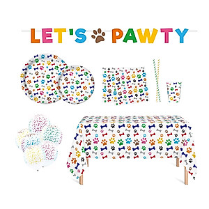 Serves 18 Complete Party Pack Dog Theme Party Supplies Includes Plates, Cups, Napkins ,Table Covers, Straws, Balloons Ideal for Dog Puppy Paw theme Birthday party supplies