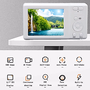 Digital Camera, 56MP 4K Digital Camera, Support Up to 128GB Storage Cards, 2.7inch 20X Digital Zoom Autofocus Anti Shake Camera with Flash for Traveling, Parties, Graduations (Silver)