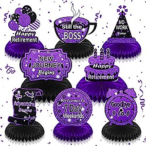 8Pcs Purple Retirement Decorations Purple and Black Retirement Table Honeycomb Centerpieces for Table Decor Happy Retirement Table Topper for Women Men Office Farewell Photo Booth Props Party Supplies