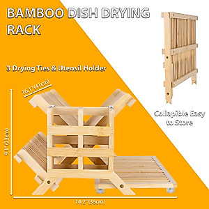 JOEY'Z Bamboo Dish Rack, Collapsible Dish Drying Rack for Kitchen Counter 3 Tier Kitchen Drying Rack (Dishrack with Utensil Holder)