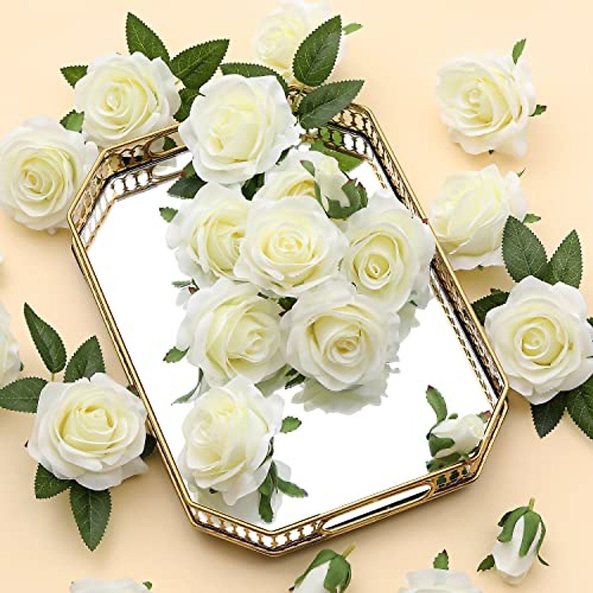 JAKY-Global Artificial Silk Fake Roses Flowers 21pcs Flower Head Buds DIY Wedding Bridal Bouquets Combo Centerpieces Decorations for Bridal Shower Cake Baby Shower(White)