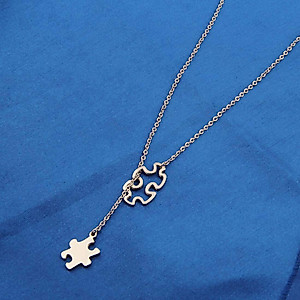 BNQL Autism Awareness Puzzle Lariat Necklace Motivational Autism Gift (Silver Y necklace)